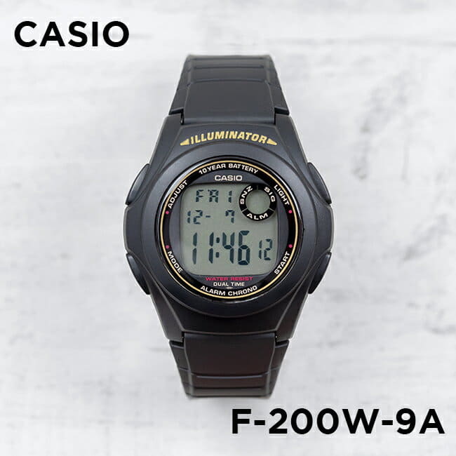 [New]Casio Unisex Kids Digital Date Standard Watch Black/Gold F-200W-9A - BE FORWARD Store