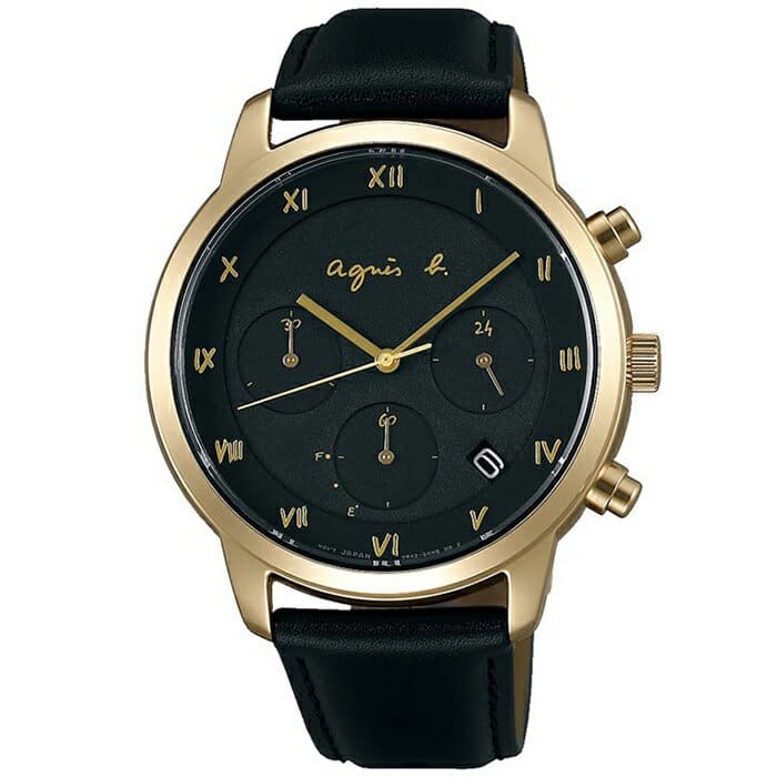 [New] agnis b. Marcello watch men solar FBRD941 gold black calf-leather ...