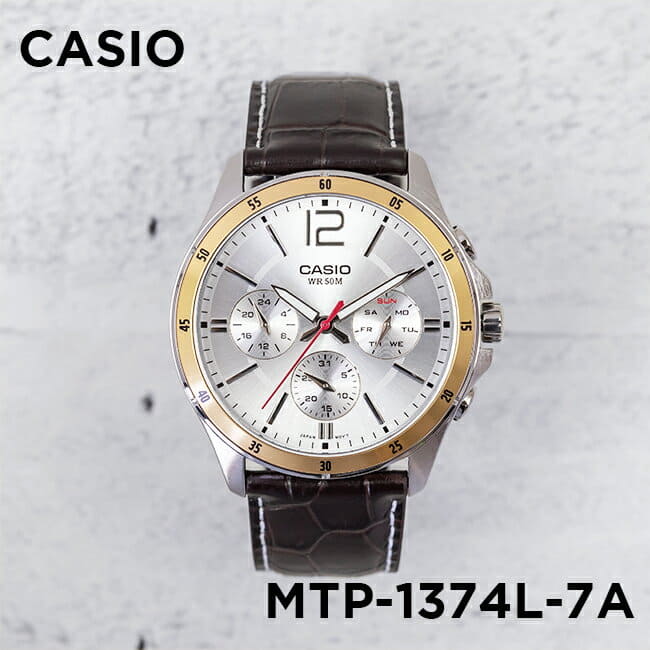 [New]Casio standard men MTP-1374L-7A watch boy date silver Gold leather ...