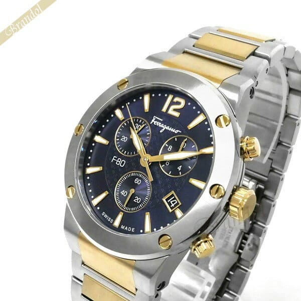 [New]Ferragamo F-80 Men's Chronograph Watch 44mm Navy/Silver/Gold ...