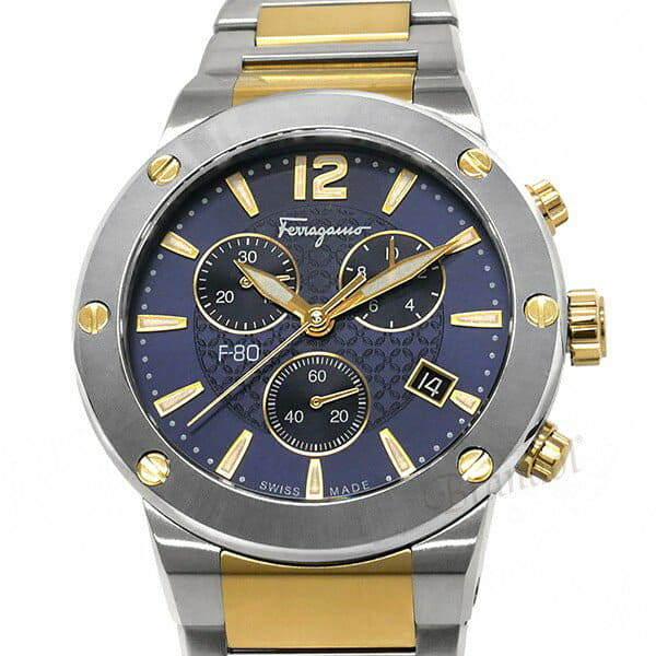 [New]Ferragamo F-80 Men's Chronograph Watch 44mm Navy/Silver/Gold ...